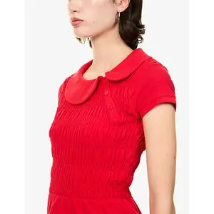 PEACHY DEN Ferdinand Shirred Cotton-stretch Polo Top - Tomato