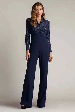 Tadashi Shoji Lace Collar Jumpsuit - Navy/nude