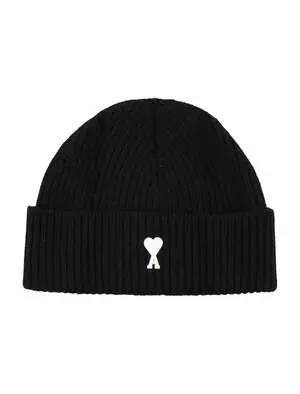 AMI Paris Wool Ribbed Beanie With Logo Patch