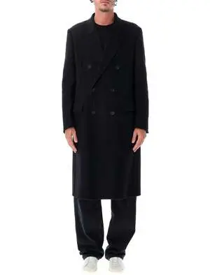 Saint Laurent Knee-length Double-breasted Wool Jacket With Peak Lapels And Cassandre Embroidery