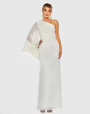 Mac Duggal Feather Cuff One Shoulder Ruched Gown