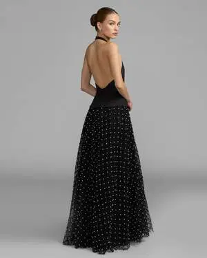 Mac Duggal Petite Halter Pearl Embellished A-line Gown