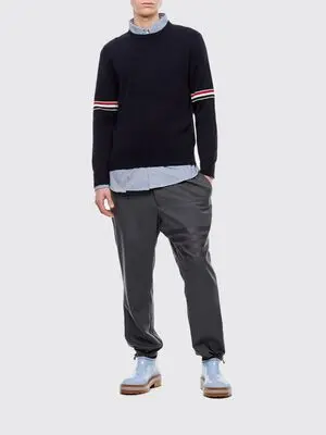 Thom Browne Cotton Crewneck Jumper With Signature 4-bar Stripe Sleeve - Blue
