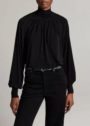Vince Rib-trim Gathered Long-sleeve Turtleneck Top - Black