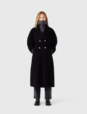 Maje Long Double-breasted Wool Coat - Black