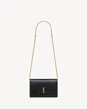Saint Laurent Cassandre Envelope Chain Wallet In Crocodile-embossed Patent Leather
