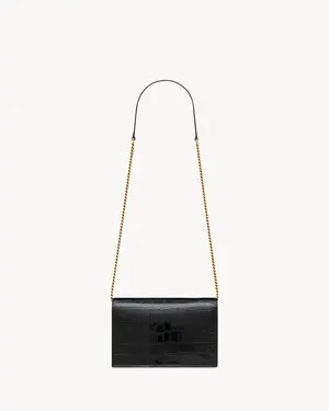 Saint Laurent Cassandre Envelope Chain Wallet In Crocodile-embossed Patent Leather
