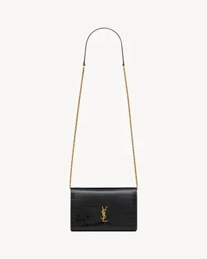 Saint Laurent Cassandre Envelope Chain Wallet In Crocodile-embossed Patent Leather - Black