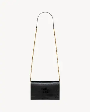Saint Laurent Cassandre Envelope Chain Wallet In Crocodile-embossed Patent Leather - Black
