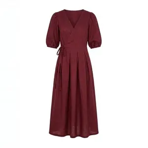 LEMUSE Bonnie Linen Dress Burgundy