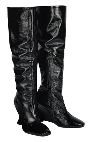 Balmain Crinkled Patent Leather Wedge Boots - Black