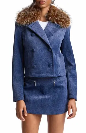 Avec Les Filles Faux Fur Collar Double Breasted Jacket - Bright Blue