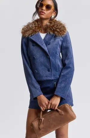 Avec Les Filles Faux Fur Collar Double Breasted Cropped Jacket