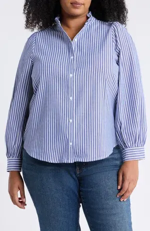 SUGARLIPS Striped Ruffle Collar Shirt - Blue-stripe