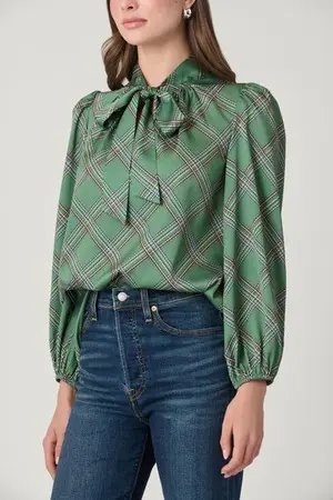 Shoshanna Dashed Plaid Satin Charmeuse Rye Top