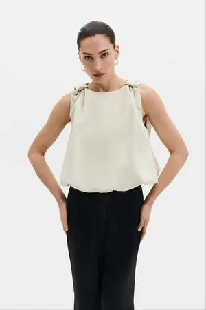 MALINA Valentina Knotted Shoulder Satin Top - Pearl