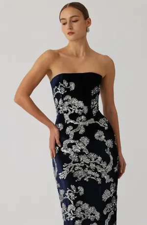 SAU LEE Ilsa Sequin Strapless Silk Velvet Sheath Gown