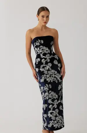 SAU LEE Ilsa Sequin Strapless Silk Velvet Sheath Gown