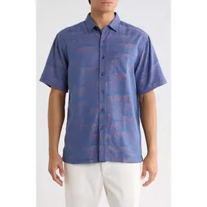 KAHALA Ahi Run Jacquard Short Sleeve Button-up Shirt - Navy