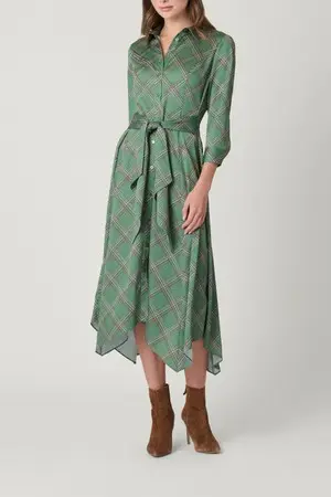 Shoshanna Dashed Plaid Satin Charmeuse Laine Dress