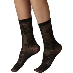 STEMS Margaux Floral Lace Crew Socks Black