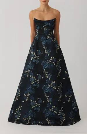 SAU LEE Anika Pleated Strapless Satin Ballgown
