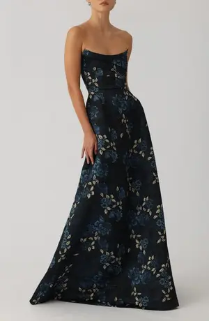 SAU LEE Anika Pleated Strapless Satin Ballgown