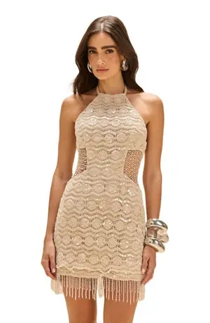 PatBO Crochet Bloom Halterneck Mini Dress - Beige