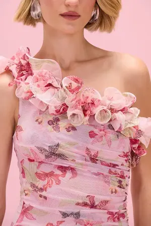 PatBO Orchid Bloom One Shoulder Chiffon Mini Dress