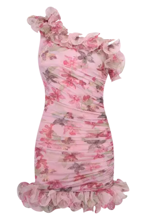 PatBO Orchid Bloom One Shoulder Chiffon Mini Dress