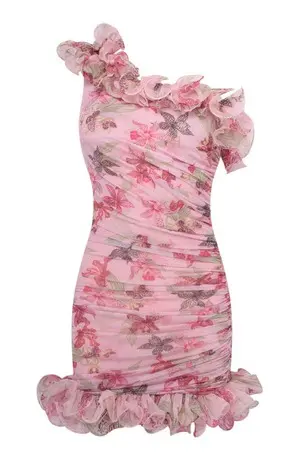 PatBO Orchid Bloom One-shoulder Chiffon Mini Dress - Rose