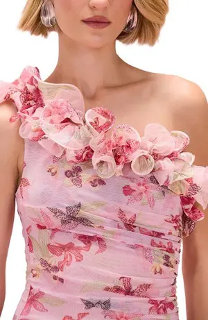 PatBO Orchid Bloom One-shoulder Chiffon Mini Dress - Rose
