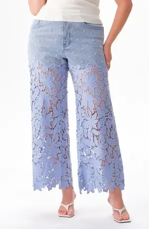 BAYEAS Crystal Embellished Lace Wide Leg Jeans Clearstrand