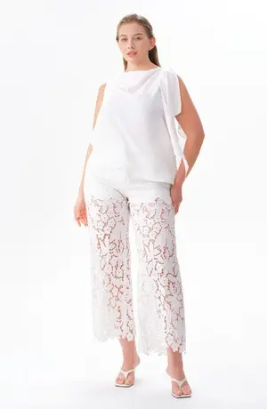 BAYEAS Crystal Embellished Lace Wide Leg Jeans - Snowfeather