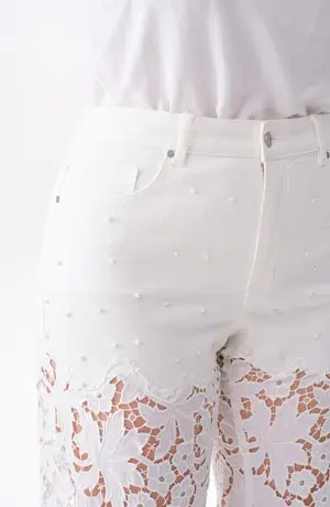 BAYEAS Crystal Embellished Lace Wide Leg Jeans - Snowfeather