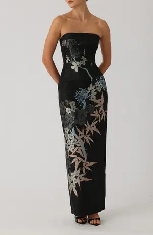 SAU LEE Ilsa Strapless Jacquard Sheath Gown - Black Multi