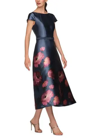 KAY UNGER Belted Floral Cocktail Dress