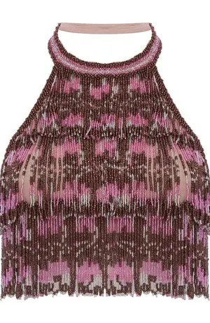 PatBO Rose Mirage Beaded Halterneck Top