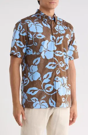 KAHALA Hi '90s Floral Short Sleeve Button-down Shirt - Coffee