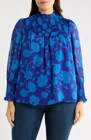SUGARLIPS Sunnie Metallic Smocked Yoke Balloon Sleeve Top - Navy-multi