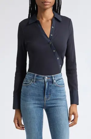 Veronica Beard Brenner Rib Button-up Shirt - Navy