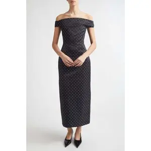 Lela Rose Polka Dot Jacquard Off The Shoulder Column Dress