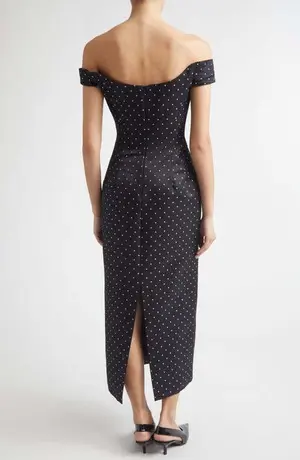 Lela Rose Polka Dot Jacquard Off The Shoulder Column Dress