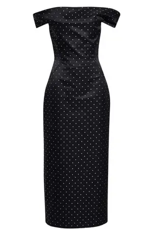 Lela Rose Polka Dot Jacquard Off The Shoulder Column Dress