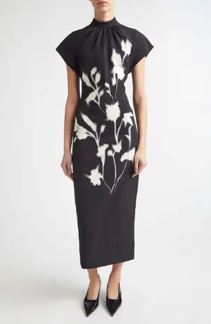 Lela Rose Stella Floral Crepe Midi Dress Black
