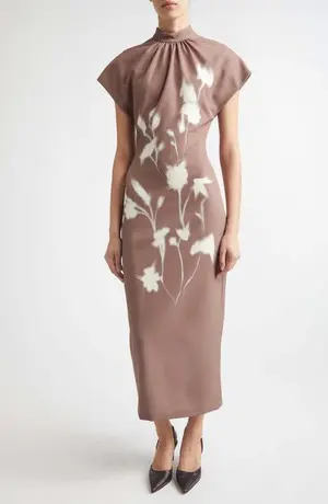 Lela Rose Stella Floral Crepe Midi Dress - Clay