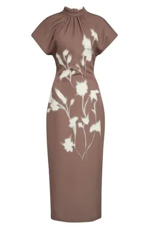 Lela Rose Stella Floral Crepe Midi Dress - Clay