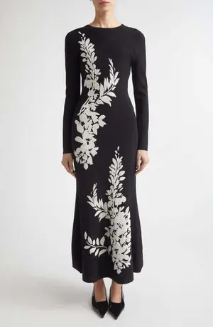 Lela Rose Velvet Jacquard Knit Trumpet Dress - Black