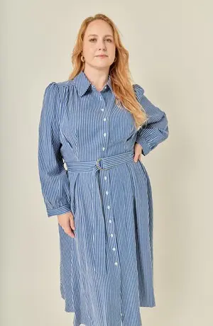 English Factory Stripe Belted Long Sleeve Maxi Dress