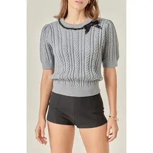 English Factory Big Bow Puff Sleeve Sweater - Heather Grey